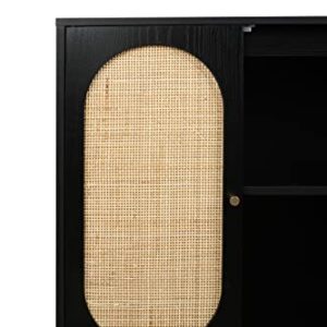 DHPM Natural Rattan 2 Door High, Sideboard Buffet Cupboard Accent Cabinet, Adjustable Shelves,Easy Assembly, Black