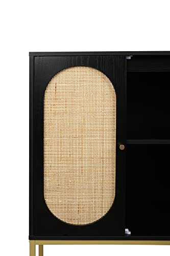 DHPM Natural Rattan 2 Door High, Sideboard Buffet Cupboard Accent Cabinet, Adjustable Shelves,Easy Assembly, Black