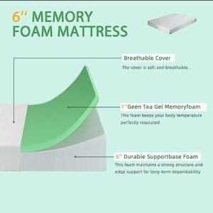 HWGEBY Bed Full Size Matress, Full Size Memory Foam Mattress for Cool Sleep, Double Bed Mattress Green Tea Mattress, Cool Gel Memory Foam Mattress with Soft Cloth Cover(Full, 6 Inch)