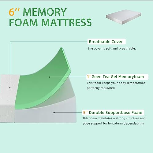 HWGEBY Bed Full Size Matress, Full Size Memory Foam Mattress for Cool Sleep, Double Bed Mattress Green Tea Mattress, Cool Gel Memory Foam Mattress with Soft Cloth Cover(Full, 6 Inch)