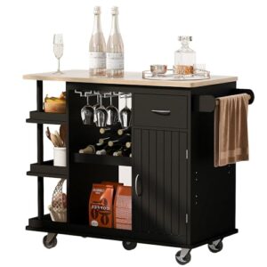 jvibi multipurpose kitchen cart cabinet with side storage shelves,rubber wood top, adjustable storage shelves, 5 wheels, kitchen storage island with wine rack for dining room, home,bar,black