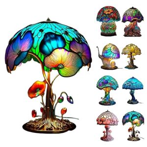 newdezhi stained glass plant series table lamp, vintage mushroom table lamp, colorful bohemian resin led night light decorative mini mushroom lamps for bedroom living room (e)