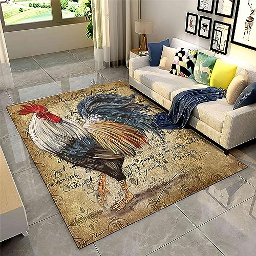 Rooster Area Rugs, 5x7ft, Fbig Cock Walks Rug, Vintage English Alphabet Brown Background Pattern Carpet, for Bedroom, Living Room, Kids Room, Playroom