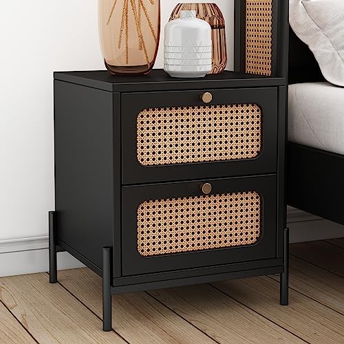 Modern 2-Drawer Nightstand Side Table End Table,Cannage Rattan Wood Closet for Bedroom, Living Room, Entryway, Hallway (Black+Rattan2)