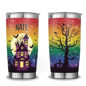 LIZZHOME Personalized Halloween Tumbler Witches 20 oz Travel Coffee Mug, Rainbow Glitter Haunted House Coffee Cups Halloween for Friends, Family, Fall & Halloween Tumbler