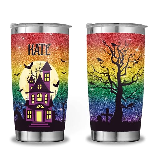 LIZZHOME Personalized Halloween Tumbler Witches 20 oz Travel Coffee Mug, Rainbow Glitter Haunted House Coffee Cups Halloween for Friends, Family, Fall & Halloween Tumbler