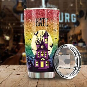 LIZZHOME Personalized Halloween Tumbler Witches 20 oz Travel Coffee Mug, Rainbow Glitter Haunted House Coffee Cups Halloween for Friends, Family, Fall & Halloween Tumbler