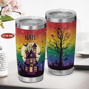 LIZZHOME Personalized Halloween Tumbler Witches 20 oz Travel Coffee Mug, Rainbow Glitter Haunted House Coffee Cups Halloween for Friends, Family, Fall & Halloween Tumbler