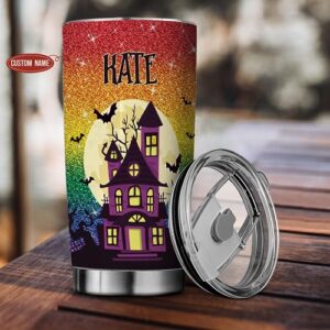 LIZZHOME Personalized Halloween Tumbler Witches 20 oz Travel Coffee Mug, Rainbow Glitter Haunted House Coffee Cups Halloween for Friends, Family, Fall & Halloween Tumbler