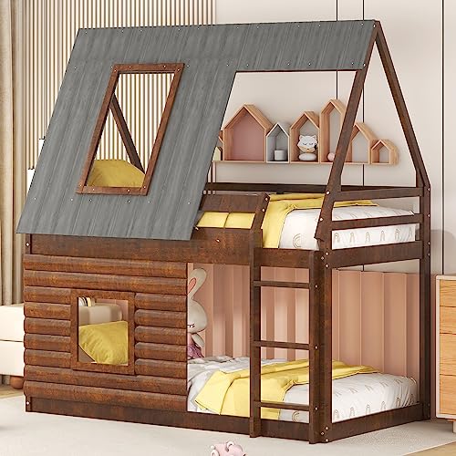 Tensun House Bunk Bed for Kids, Low Bunk Bed Twin Over Twin, Wood Floor Bunk Beds with Roof,2 Windows and Ladder for Girls Boys, Oak & Smoky