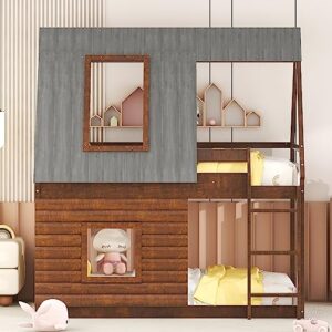 Tensun House Bunk Bed for Kids, Low Bunk Bed Twin Over Twin, Wood Floor Bunk Beds with Roof,2 Windows and Ladder for Girls Boys, Oak & Smoky