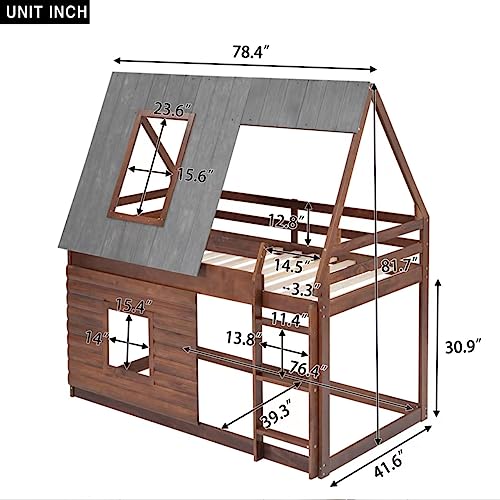 Tensun House Bunk Bed for Kids, Low Bunk Bed Twin Over Twin, Wood Floor Bunk Beds with Roof,2 Windows and Ladder for Girls Boys, Oak & Smoky