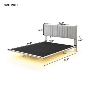 Floating Bed Frame Queen Size Upholstered Bed with Sensor Light and Headboard, Floating Velvet Platform Bed, No Box Spring Needed for Kids Teens Adults,Gray