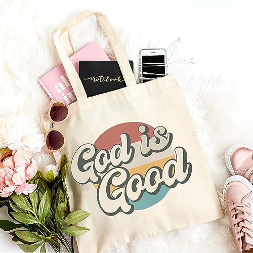 TSIIUO Women's God is Good Boho Christian Canvas Tote Bag Retro Graphic Funny Bible Vers Jesus Reusable Shopping Bag White