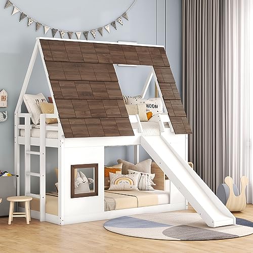 Merax Twin Over Twin House Bunk Bed Frame with Roof,Window,Ladder and Slide for Boys Girls, White & Brown