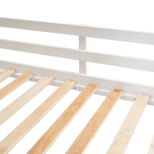 Merax Twin Over Twin House Bunk Bed Frame with Roof,Window,Ladder and Slide for Boys Girls, White & Brown