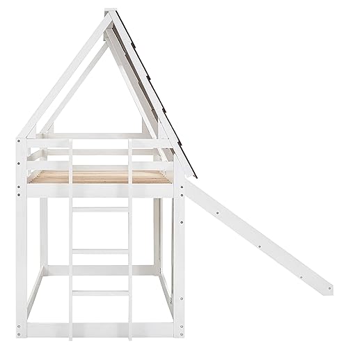 Merax Twin Over Twin House Bunk Bed Frame with Roof,Window,Ladder and Slide for Boys Girls, White & Brown