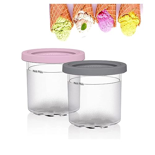 EVANEM 2/4/6PCS Creami Deluxe Pints, for Ninja Ice Cream Maker Cups,16 OZ Ice Cream Pint Containers Airtight and Leaf-Proof for NC301 NC300 NC299AM Series Ice Cream Maker,Pink+Gray-2PCS