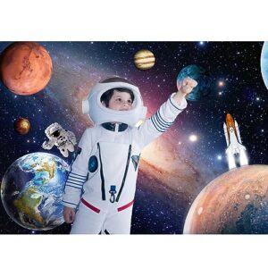 YMWQLAL Outer Space Backdrop for Baby Kids Astronaut Themed Birthday Party Decorations Supplies Universe Galaxy Stars Photography Background for Children Birthday Banner Photo Booth (7x5 FT)