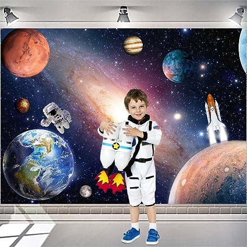 YMWQLAL Outer Space Backdrop for Baby Kids Astronaut Themed Birthday Party Decorations Supplies Universe Galaxy Stars Photography Background for Children Birthday Banner Photo Booth (7x5 FT)