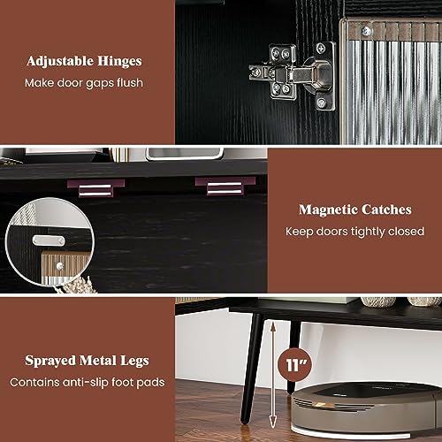 COSTWAY Buffet Cabinet, Kitchen Sideboard Cupboard with Open Compartment, Tempered Glass Doors & Anti-Tipping Kit, Modern Bar Storage Cabinet for Dining Room, Living Room & Entryway, Hallway, Black