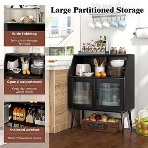 COSTWAY Buffet Cabinet, Kitchen Sideboard Cupboard with Open Compartment, Tempered Glass Doors & Anti-Tipping Kit, Modern Bar Storage Cabinet for Dining Room, Living Room & Entryway, Hallway, Black