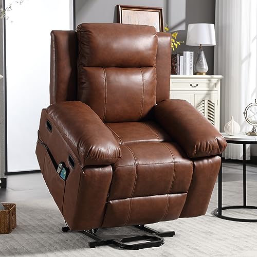 Power Recliner Chair, Leather Lift Chairs Recliners for Elderly Adults Big Modern Lift Chair with Heat Massage Comfy Electric Reclining Sofa Chair Lazyboy for Living Room Bedroom (Brown, Regular)