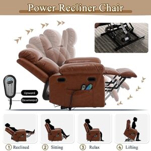 Power Recliner Chair, Leather Lift Chairs Recliners for Elderly Adults Big Modern Lift Chair with Heat Massage Comfy Electric Reclining Sofa Chair Lazyboy for Living Room Bedroom (Brown, Regular)