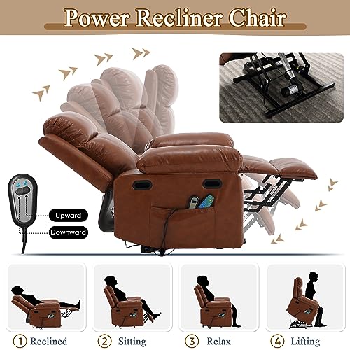 Power Recliner Chair, Leather Lift Chairs Recliners for Elderly Adults Big Modern Lift Chair with Heat Massage Comfy Electric Reclining Sofa Chair Lazyboy for Living Room Bedroom (Brown, Regular)