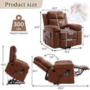 Power Recliner Chair, Leather Lift Chairs Recliners for Elderly Adults Big Modern Lift Chair with Heat Massage Comfy Electric Reclining Sofa Chair Lazyboy for Living Room Bedroom (Brown, Regular)