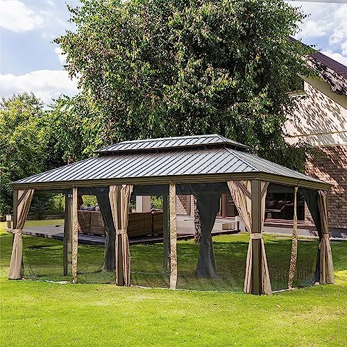 Evedy 12'x20' Outdoor Gazebo, Hardtop Gazebo, Outdoor Aluminum Frame Canopy with Galvanized Steel Double Roof, Outdoor Permanent Metal Pavilion with Curtains and Netting for Patio, Backyard Lawn