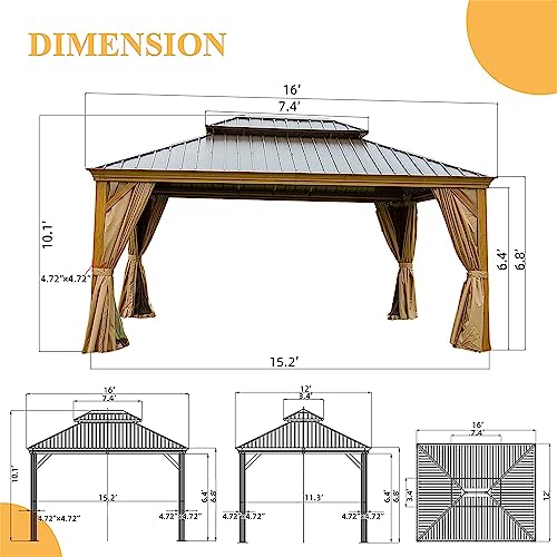 Evedy 12x16 ft Hardtop Gazebo with Nettings and Curtains, Outdoor Heavy Duty Aluminum Gazebo with Galvanized Steel Double Canopy for Patio, Backyard, Deck, Lawns and Balcony