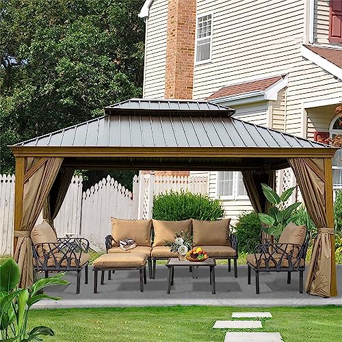 Evedy 12x16 ft Hardtop Gazebo with Nettings and Curtains, Outdoor Heavy Duty Aluminum Gazebo with Galvanized Steel Double Canopy for Patio, Backyard, Deck, Lawns and Balcony