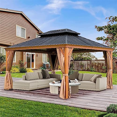 Evedy 12x14 Gazebo, Outdoor Heavy Duty Aluminum Gazebo, Permanent Hardtop Gazebo with Galvanized Steel Double Roof, Curtains and Netting Included, for Patio Backyard Deck Lawns and Balcony