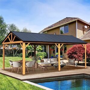 evedy 12 x 20 gazebo, galvanized steel gable roof gazebo pergola with wood grain aluminum frame, outdoor hardtop gazebo permanent gazebo pavilion for patio, garden