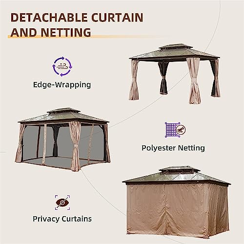 Evedy Gazebo 10x12, Galvanized Steel Double Roof Permanent Aluminum Gazebo, Outdoor Metal Pergolas with Curtain and Net for Garden, Parties, Patio, Deck, Lawns