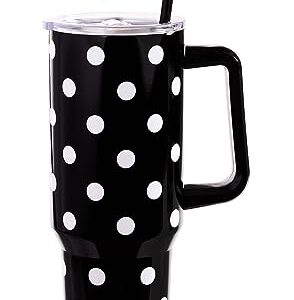 Kate Spade New York 40 Ounce Tumbler with Handle and Straw, Double Wall Stainless Steel Insulated Tumbler, Cupholder Friendly 40 oz Cup, Black Metal Tumbler for Hot or Cold Drinks, Picture Dot