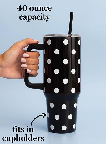 Kate Spade New York 40 Ounce Tumbler with Handle and Straw, Double Wall Stainless Steel Insulated Tumbler, Cupholder Friendly 40 oz Cup, Black Metal Tumbler for Hot or Cold Drinks, Picture Dot