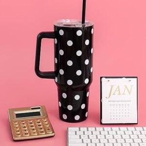 Kate Spade New York 40 Ounce Tumbler with Handle and Straw, Double Wall Stainless Steel Insulated Tumbler, Cupholder Friendly 40 oz Cup, Black Metal Tumbler for Hot or Cold Drinks, Picture Dot