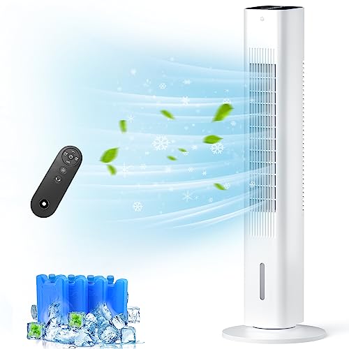 Cozzyben Air Conditioner no Window 35" Ice Tower Fan Blow Cold Air Ductless Evaporative Swamp Cooler Ventless Portable Standing Ac Unit with Water Tank, Ice Packs for Room Bedroom Indoor Home