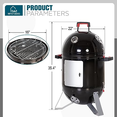 MFSTUDIO 18" Vertical Smoker and BBQ Grill, Pure Porcelain-Enameled Smokey Mountain Cooker, Heavy Duty Charcoal & Woods Outdoor Grill for Smoker, Black