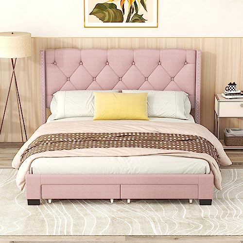 Livavege Upholstered Bed Frame Queen Size with 2 Storage Drawers and Button Tufted Headboard, Modern Queen Platform Bed with Wooden Slats Support, Bedframe No Box Spring Needed, Pink