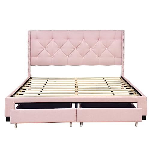 Livavege Upholstered Bed Frame Queen Size with 2 Storage Drawers and Button Tufted Headboard, Modern Queen Platform Bed with Wooden Slats Support, Bedframe No Box Spring Needed, Pink