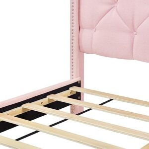 Livavege Upholstered Bed Frame Queen Size with 2 Storage Drawers and Button Tufted Headboard, Modern Queen Platform Bed with Wooden Slats Support, Bedframe No Box Spring Needed, Pink