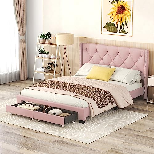 Livavege Upholstered Bed Frame Queen Size with 2 Storage Drawers and Button Tufted Headboard, Modern Queen Platform Bed with Wooden Slats Support, Bedframe No Box Spring Needed, Pink