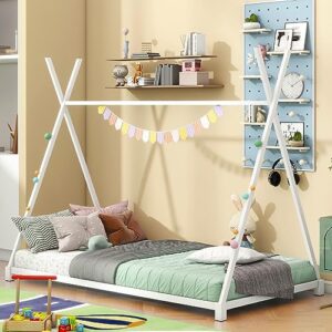 hzxinkedzsw twin size metal house platform bed with triangle structure, single metal bed frame for kids teens girls boys bedroom, can be decorated, no box spring required (white-t6)