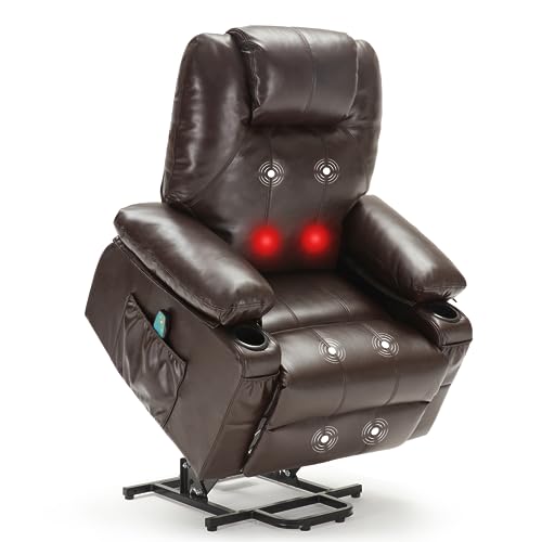 Weture Power Lift Recliner Chair with Heat and Massage for Elderly, Leather Electric Recliner Chairs with Cup Holders and USB Port, Big Oversized Recliner Chair for Seniors (Leather, Brown)