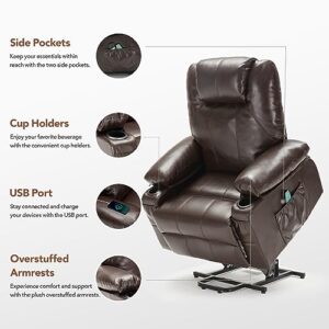 Weture Power Lift Recliner Chair with Heat and Massage for Elderly, Leather Electric Recliner Chairs with Cup Holders and USB Port, Big Oversized Recliner Chair for Seniors (Leather, Brown)