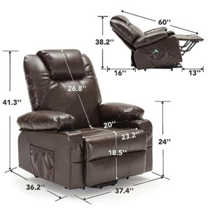 Weture Power Lift Recliner Chair with Heat and Massage for Elderly, Leather Electric Recliner Chairs with Cup Holders and USB Port, Big Oversized Recliner Chair for Seniors (Leather, Brown)