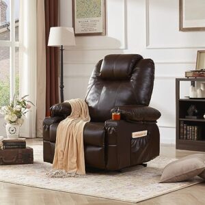 Weture Power Lift Recliner Chair with Heat and Massage for Elderly, Leather Electric Recliner Chairs with Cup Holders and USB Port, Big Oversized Recliner Chair for Seniors (Leather, Brown)